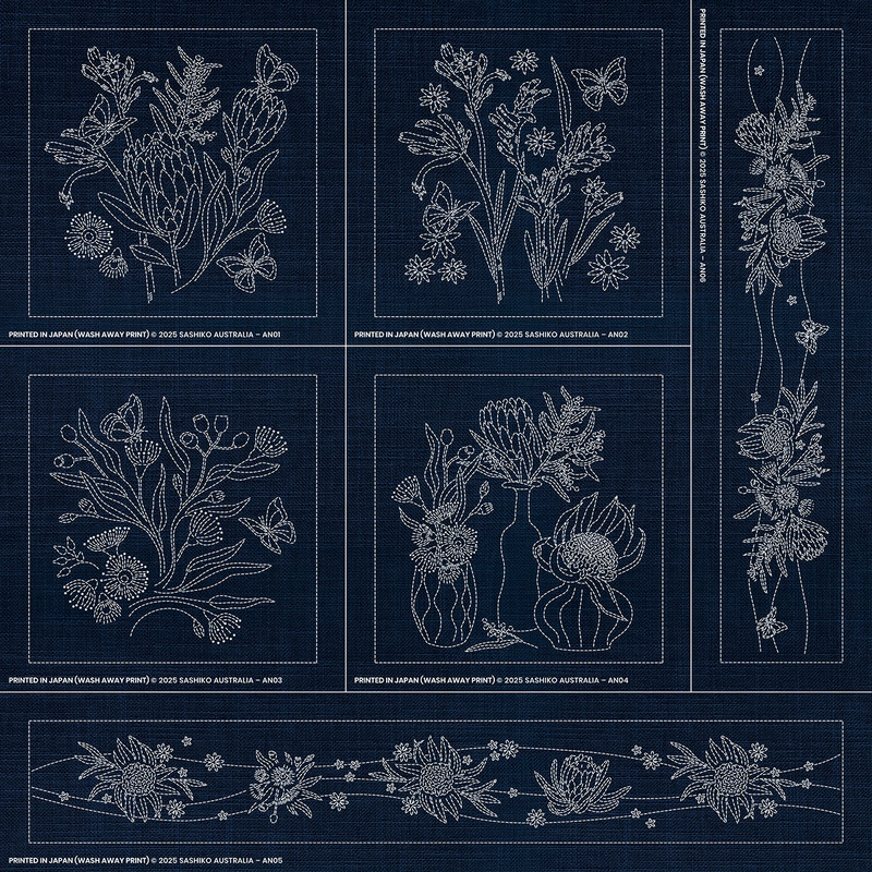 Sashiko Australian Native Floral Collection Indigo – 6 Design Panel ...